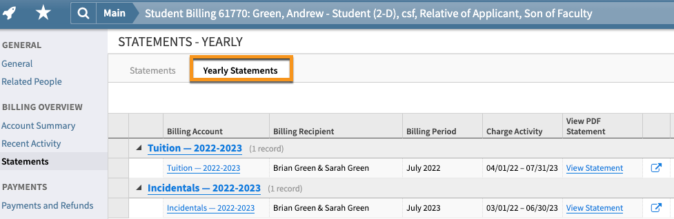 Yearly Statement "Summary" Document