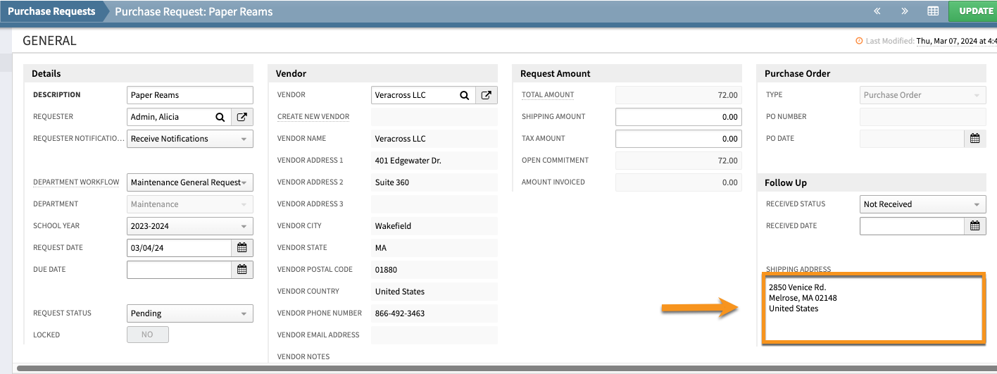 How do I override the shipping address on a purchase request?