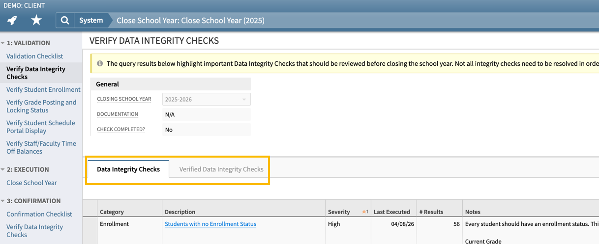 Close School Year Procedure: Validation