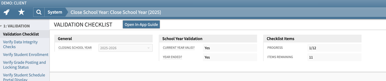 Close School Year Procedure: Validation