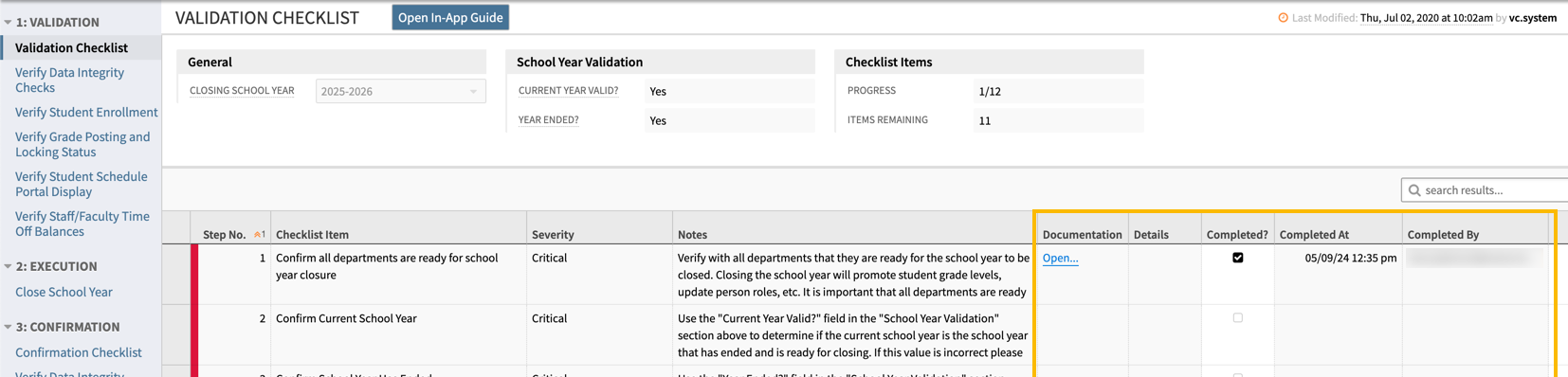 Close School Year Procedure: Validation