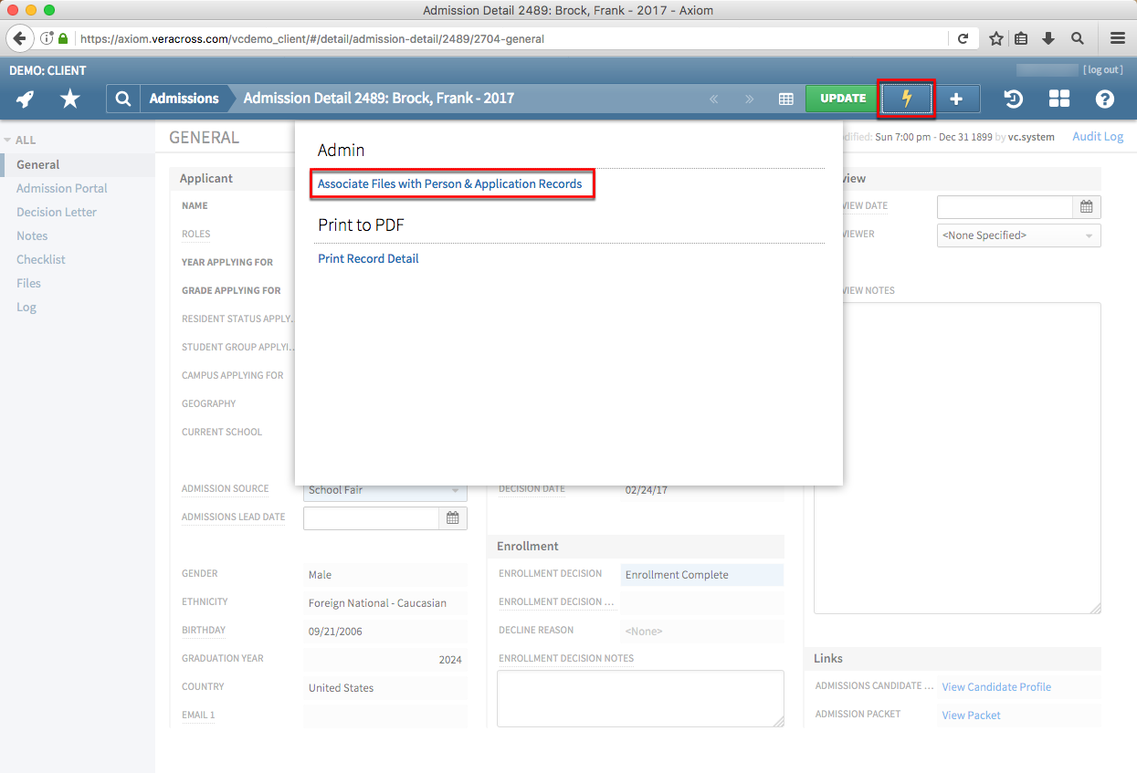 Admissions Candidate Detail Screen Overview