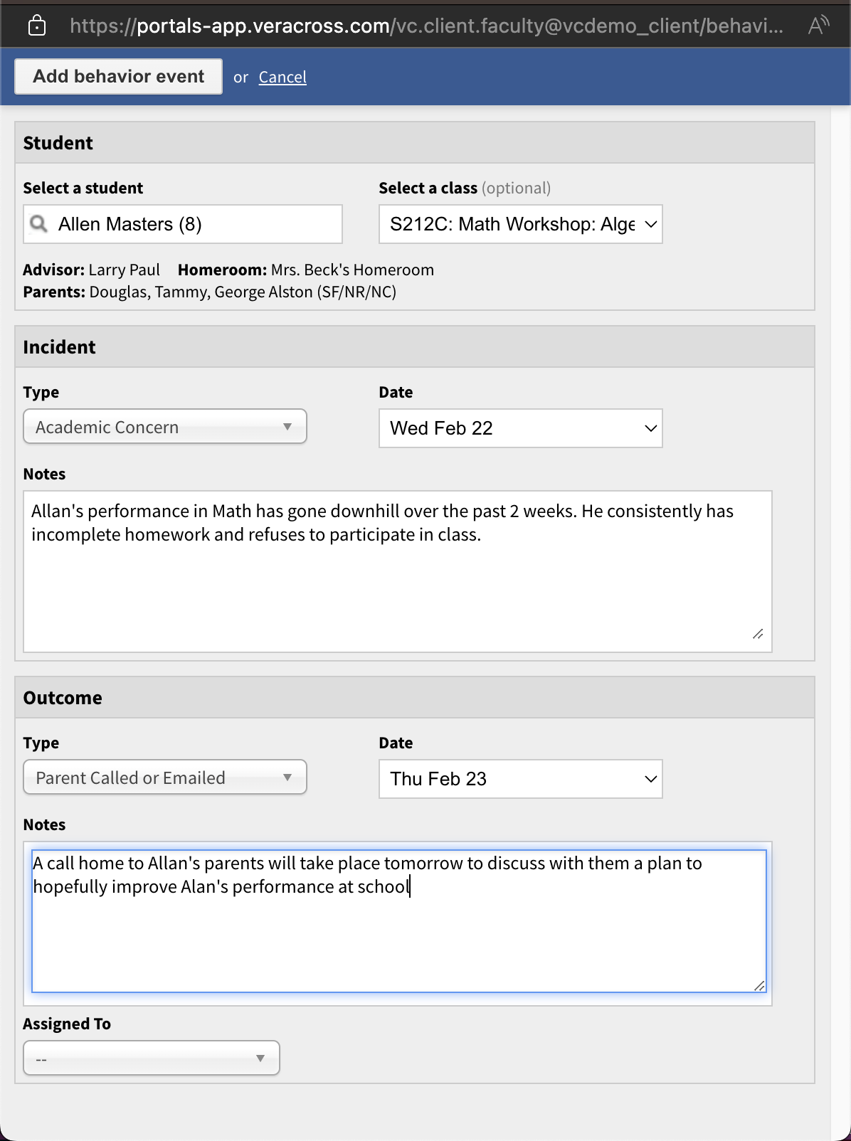 Adding a Behavior Incident