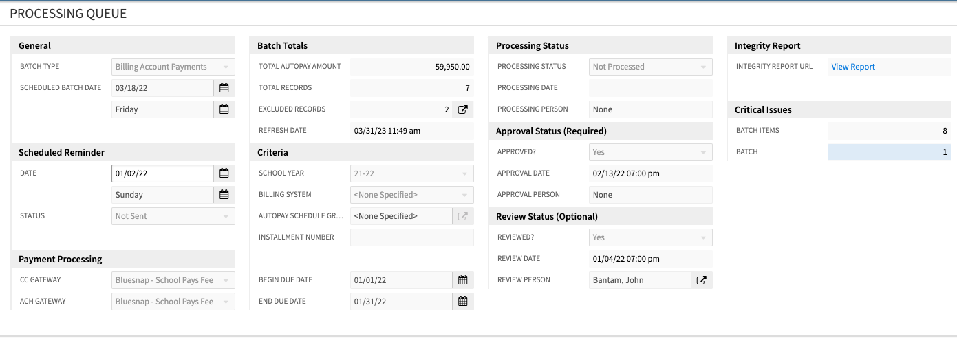 AutoPay Batch Record for Student Billing - Axiom