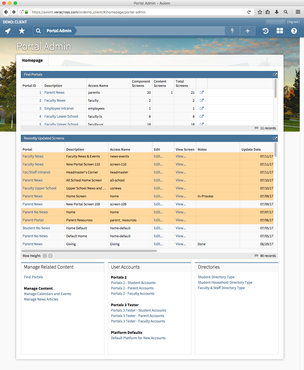 Portal Admin Homepage and Detail Screens Overview