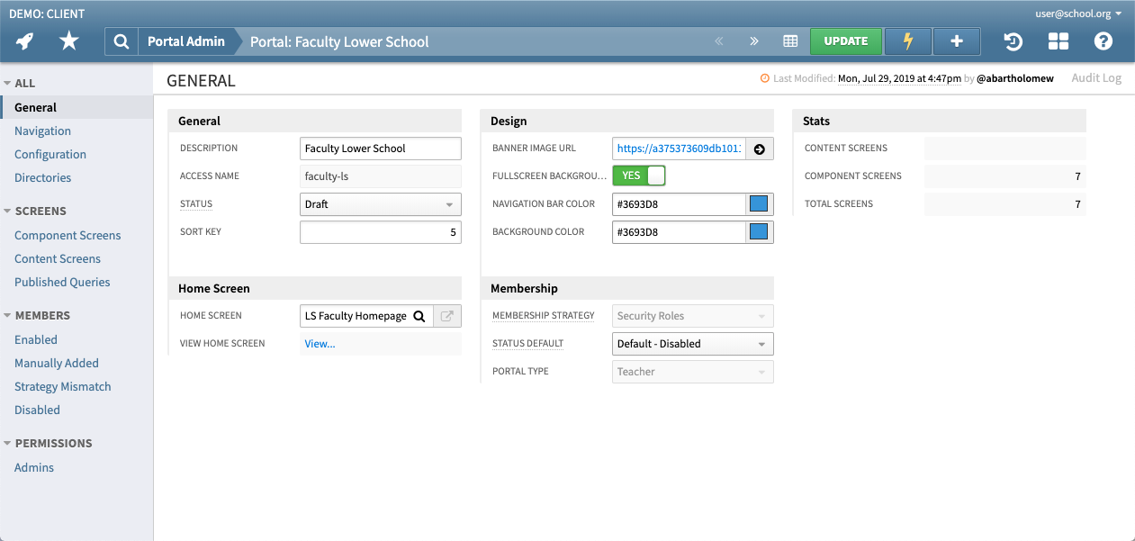 Portal Admin Homepage and Detail Screens Overview