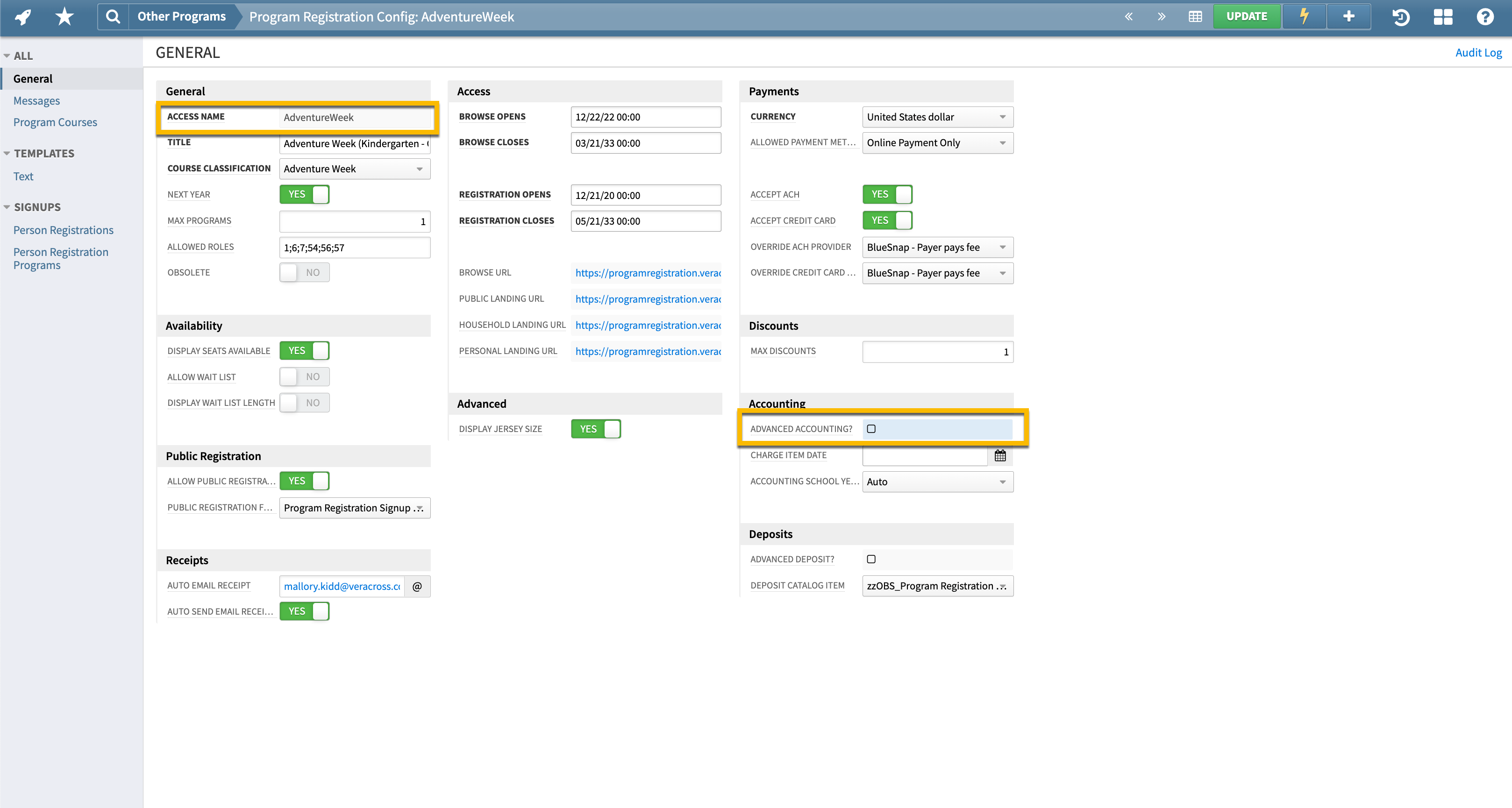 Configure GL Defaults for Other Program Registration - Axiom