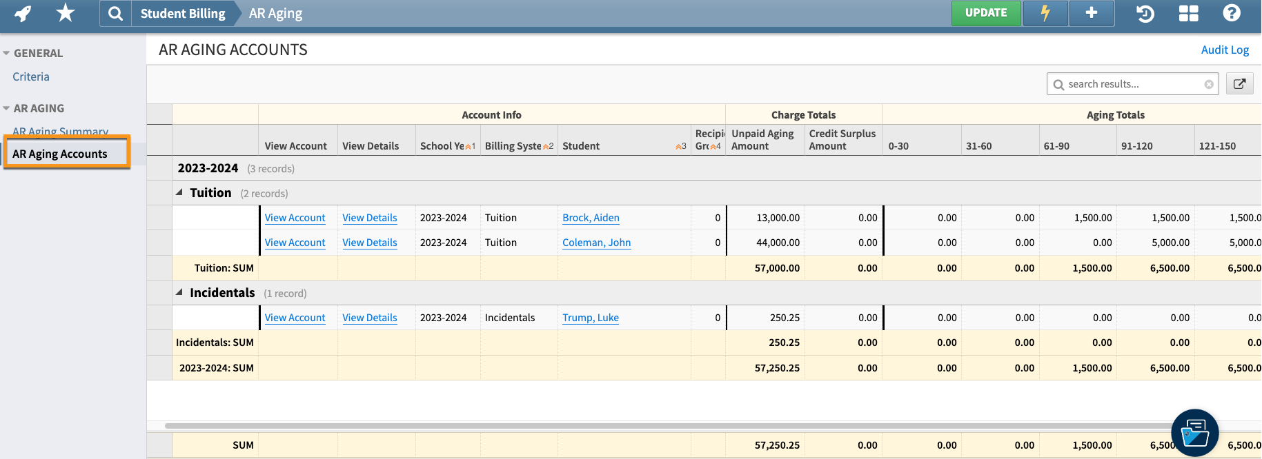AR Aging Report in Student Billing - Axiom