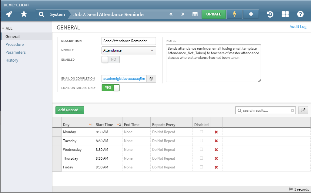 Configuring Attendance Reminder Emails for Teachers