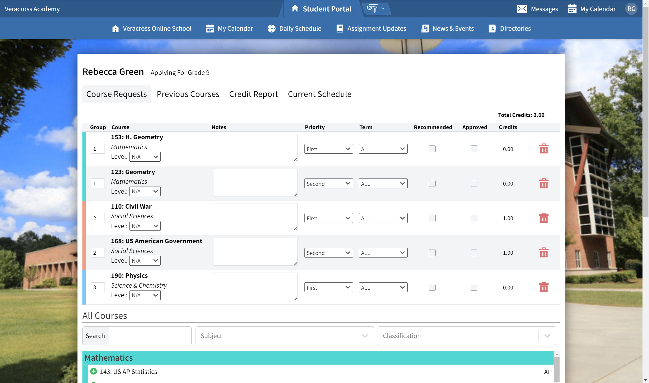 Entering Course Requests in the Student Portal