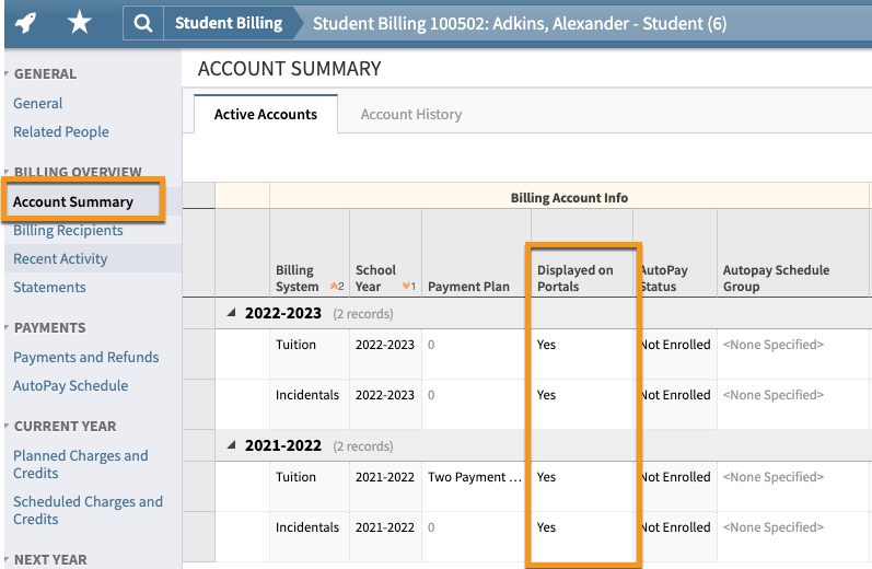 Portal Billing Page Configuration with Student Billing - Axiom