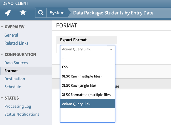 Data Package Configuration: Format