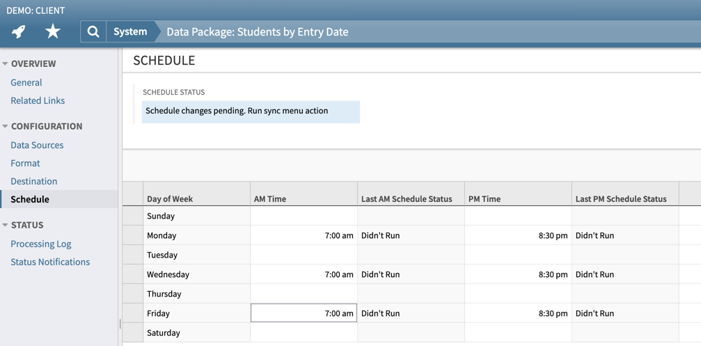 Data Package Configuration: Schedule and Status