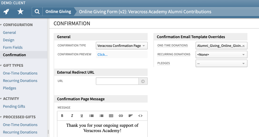 Online Giving Forms 2.0 Configuration: Confirmation