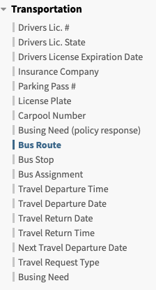 Transportation Schedule records and transportation-related fields on a ...