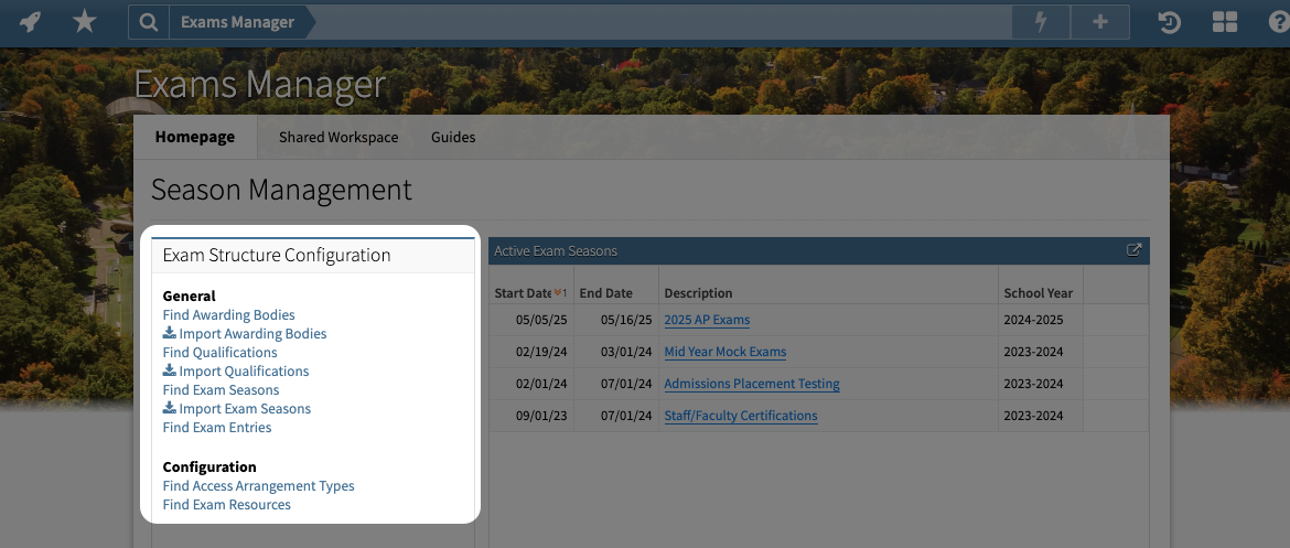 Set up Exam Manager: Exam Seasons