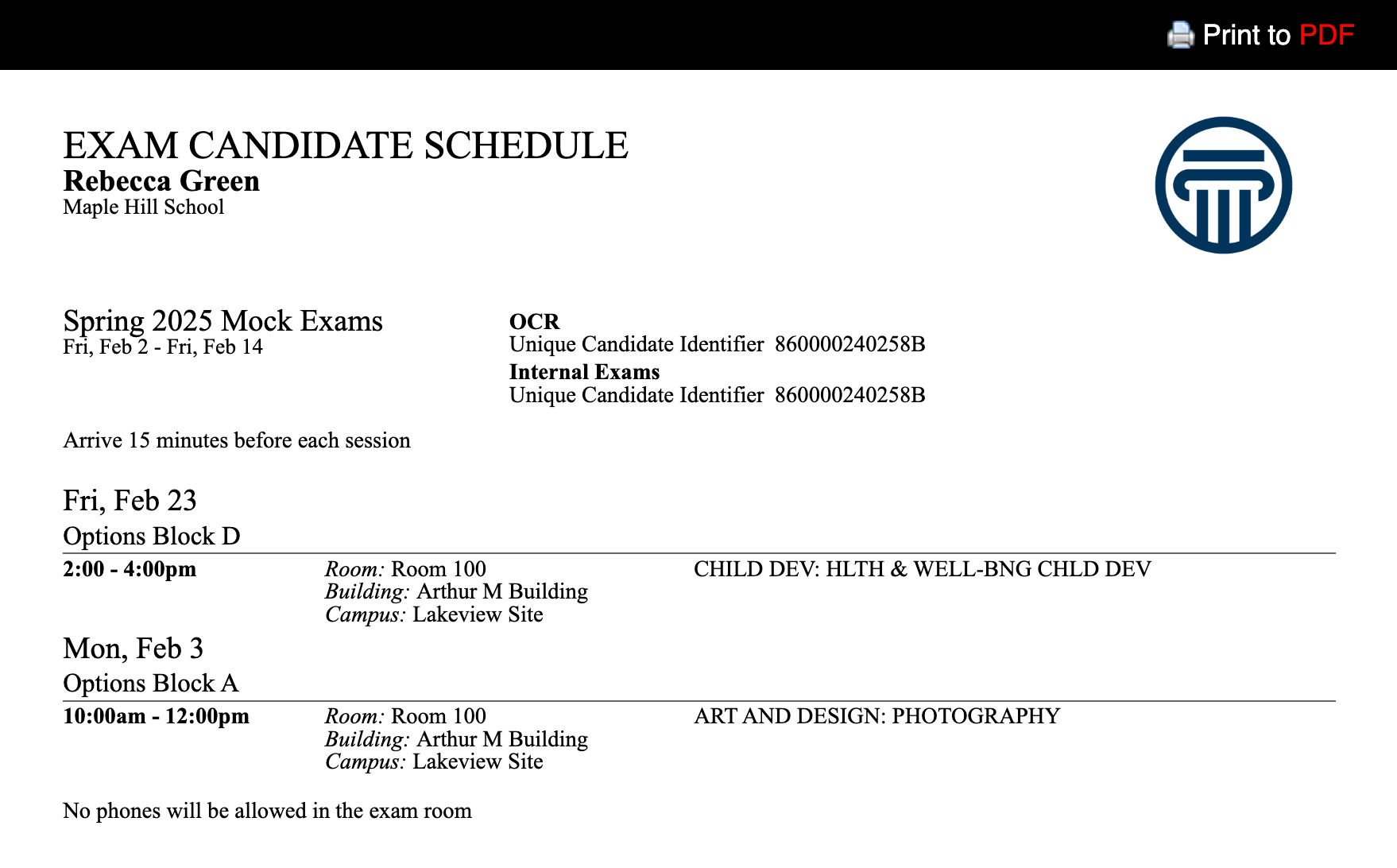 Exam Manager: The School-Configurable Candidate Schedule Document